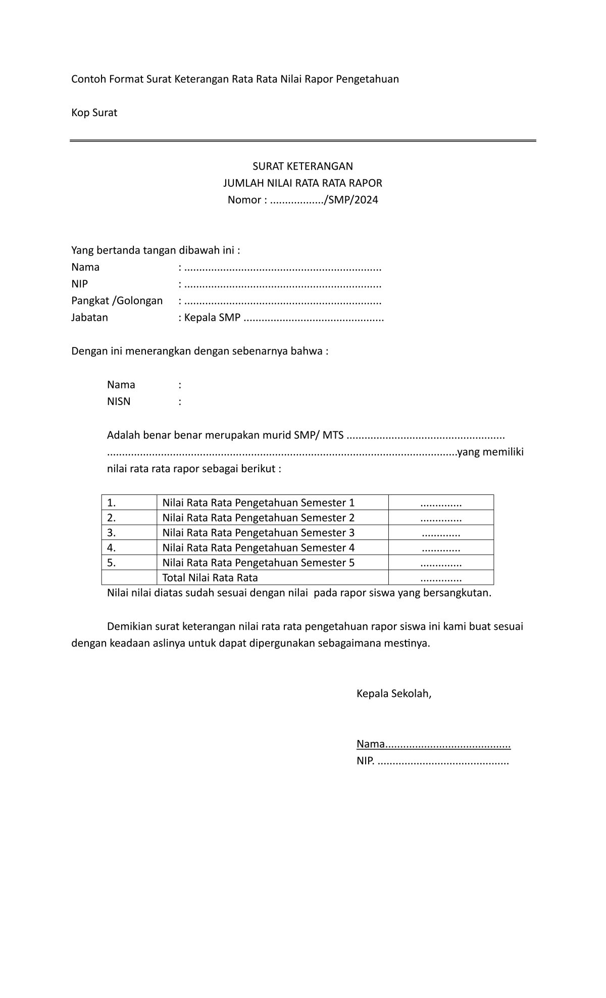 Contoh Format Surat Keterangan Rata Rata Nilai Rapor Pengetahuan (SPMB 2025) – SMAN 1 TENGGARONG